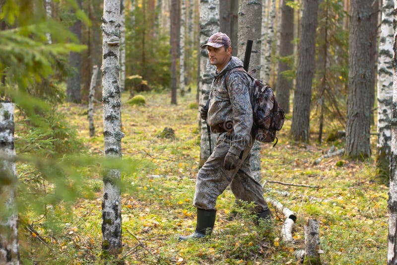 Hunter Walking in the Autumn Forest Stock Image - Image of backpack ...
