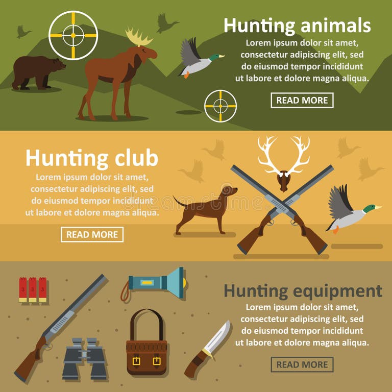 Hunting Banner Horizontal Set, Flat Style Stock Vector - Illustration ...