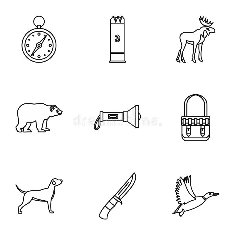 Hunting Icons Set, Outline Style Stock Illustration - Illustration of ...