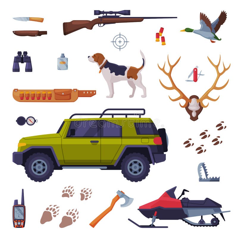 Hunting Objects Set, Hunter Tackles and Equipment Flat Vector ...
