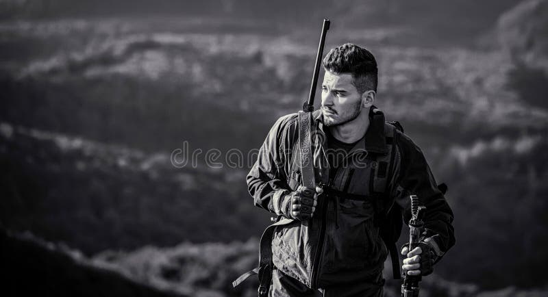 Hunting Period. Shooter Sighting in the Target. the Man is on the Hunt ...