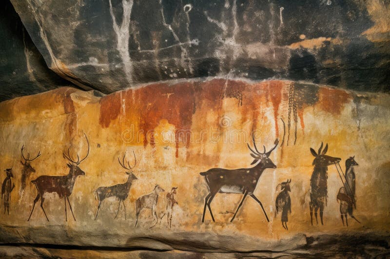 Hunting Scene Depicted in Ancient Rock Art Stock Illustration ...
