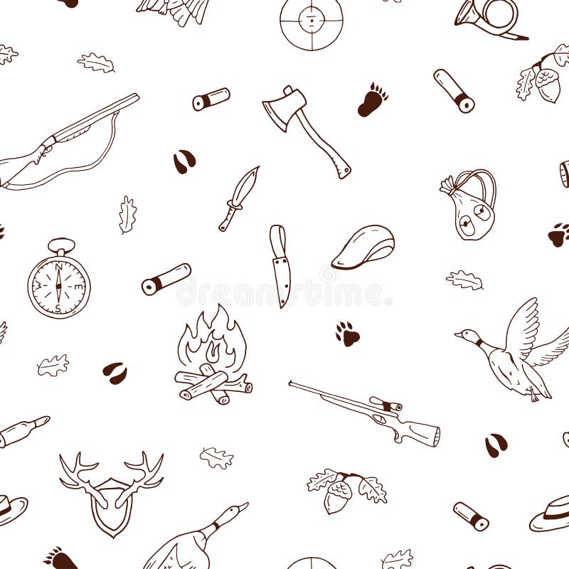 Hunting Seamless Pattern in Doodle Style. Stock Vector - Illustration ...