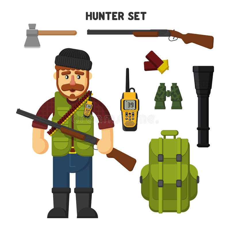Hunting. a Set of Hunter Items. Vector Illustration, Flat, Cartoon ...