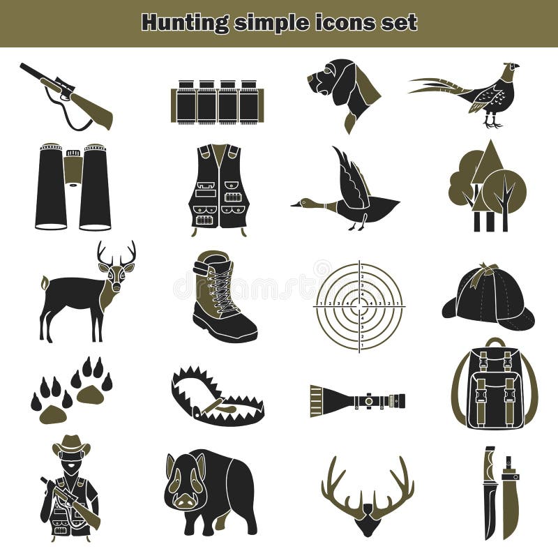 Hunting simple icons set stock vector. Illustration of horn - 99605619