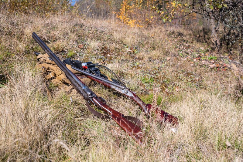 Hunting Supplies and Equipment on the Ground in the Forest Stock Image ...