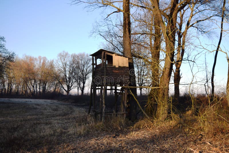 Hunting Watchtower on a Meadow, Sunny Winter Afternoon. Stock Image ...