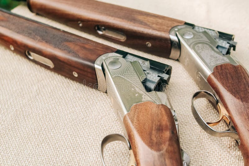 Hunting Weapons Two Double Barrels Table Stock Photo - Image of outside ...