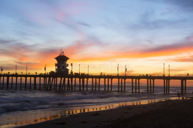 Huntington Beach Pier Sunset Stock Photo - Image of waves, huntington ...