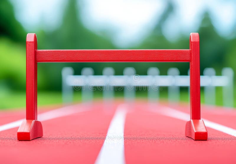 A Hurdle Race on a Red Track in a Stadium, Symbolizing Success. Stock ...