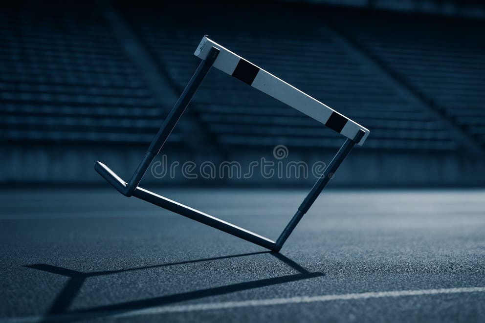 Hurdle on Running Track with Empty Stadium Background, Focus on ...
