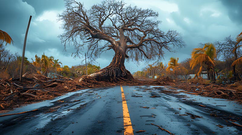 Hurricane Aftermath Large Tree Blocking Road, Debris, Storm Damage ...