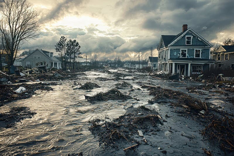 Hurricane Aftermath Showing Flooded Street and Debris Aftermath Stock ...