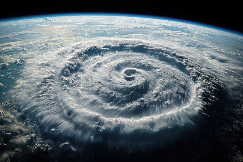Hurricane Approaching Land Seen from Space. Powerful Storm Clouds Swirl ...