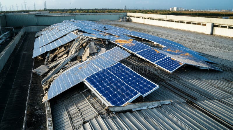 Hurricane Damage Collapsed Solar Array on Industrial Rooftop Renewable ...