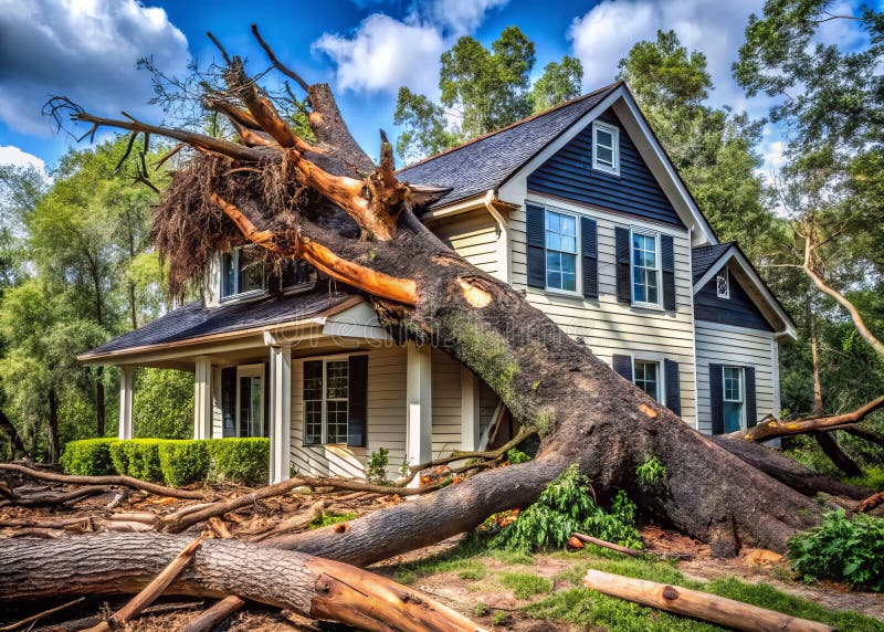 Hurricane Devastation Fallen Tree Crushes Home Roof Closeup View of ...
