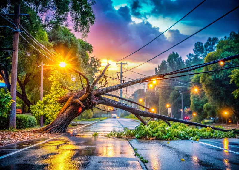 Hurricane Devastation Fallen Trees and Power Lines Block Road in ...