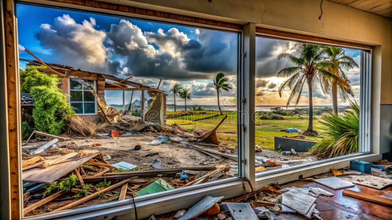 Hurricane Devastation Shattered Glass and Landscape Reflecting the ...