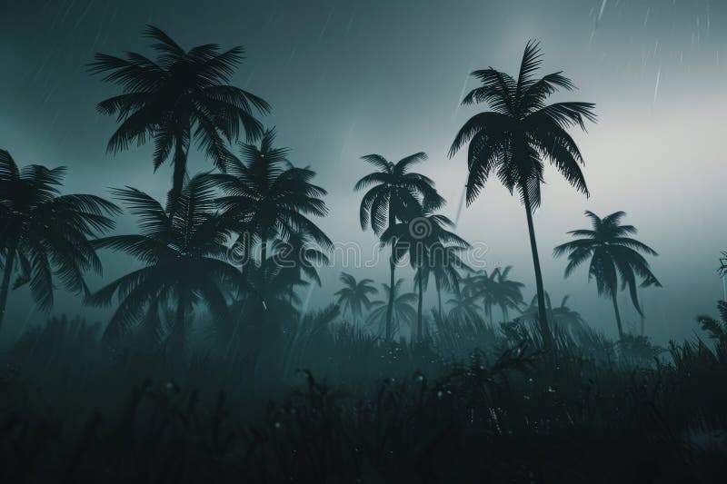 Hurricane Sweeping through Tropical Island with Palm Trees Bending Over ...