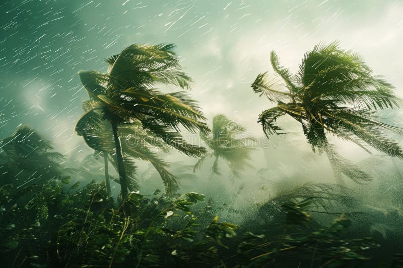 Hurricane Sweeping through Tropical Island with Palm Trees Bending Over ...