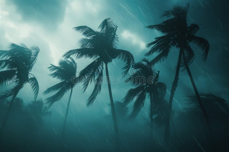 Hurricane Sweeping through Tropical Island with Palm Trees Bending Over ...