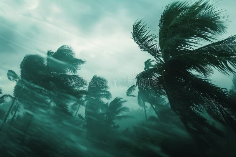 Hurricane Sweeping through Tropical Island with Palm Trees Bending Over ...