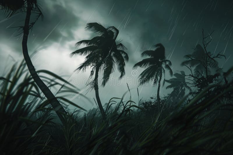 Hurricane Sweeping through Tropical Island with Palm Trees Bending Over ...