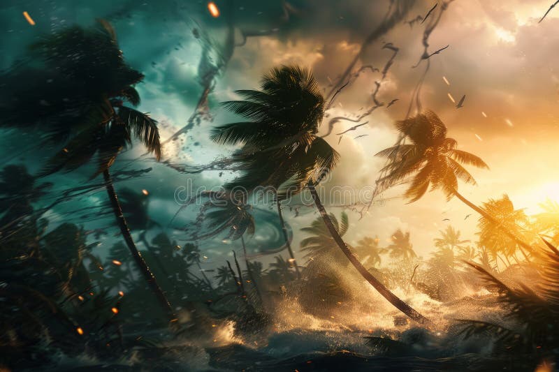 Hurricane Sweeping through Tropical Island with Palm Trees Bending Over ...