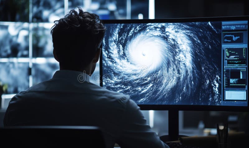 Hurricane Visualization on Computer Screen, Man Observing Data Analysis ...