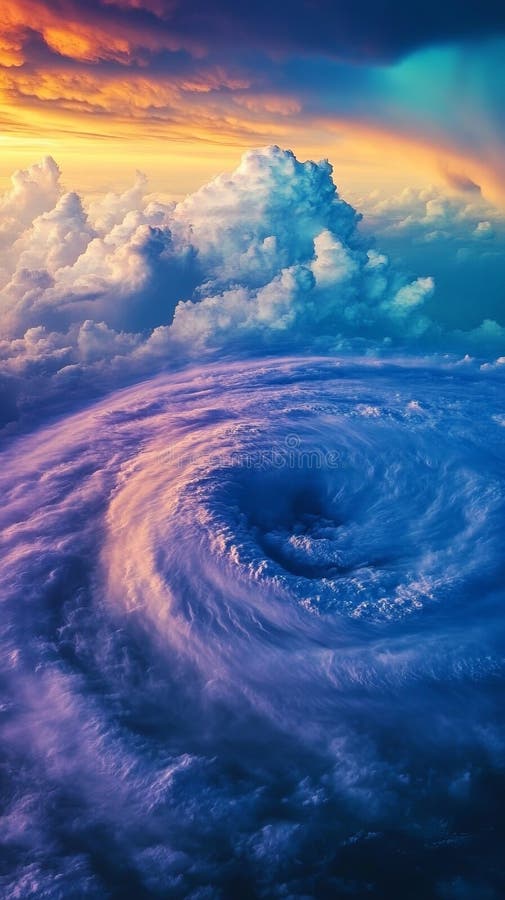 Hurricane Vortex in Colorful Sunset Sky, Aerial View Stock Image ...