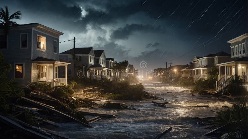 Hurricane Winds Devastating a Coastal Community at Night Stock ...