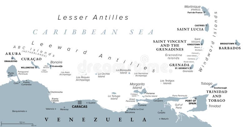 Hurricane Free Caribbean Islands, Gray Map of Leeward Antilles and ...