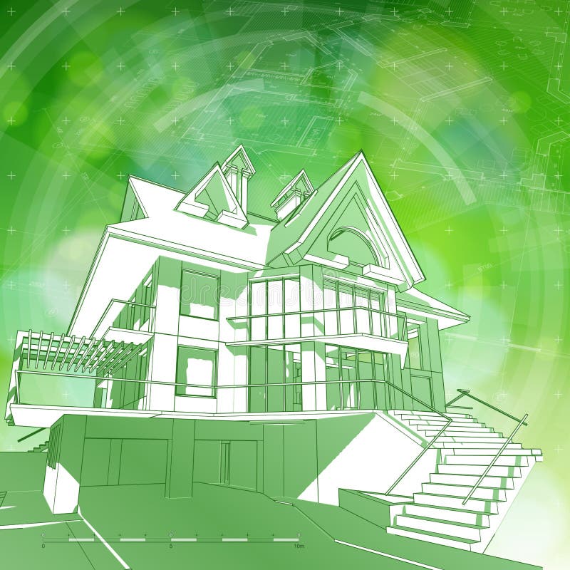 3D-ritning Av Hus, Plan Och Grön Bokeh Vektor Illustrationer ...