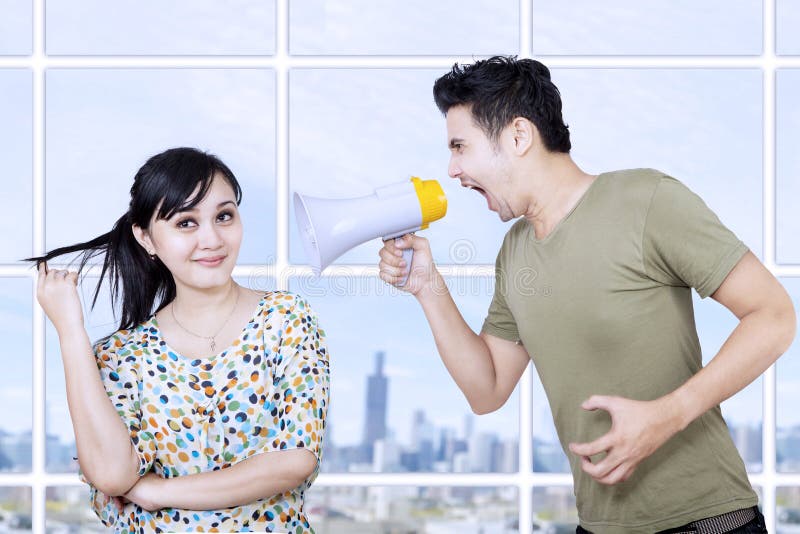 Husband Angry at Wife Using Megaphone Stock Image - Image of expression ...
