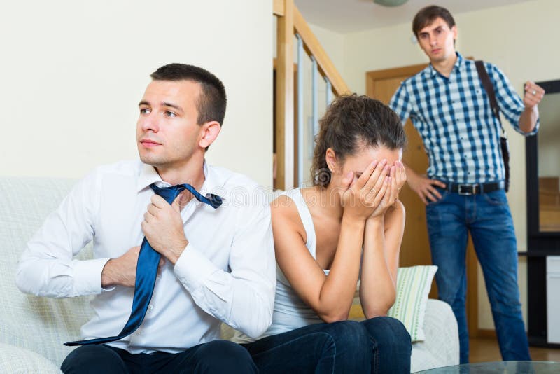 Husband Catching Wife with Lover Stock Photo - Image of indoor ...