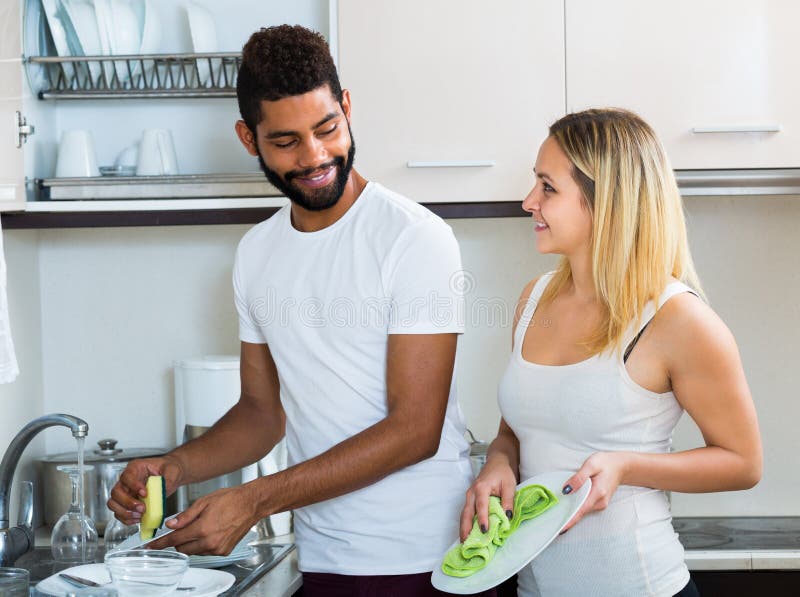 Husband Helping Girl Doing Clean Up Stock Image - Image of married ...
