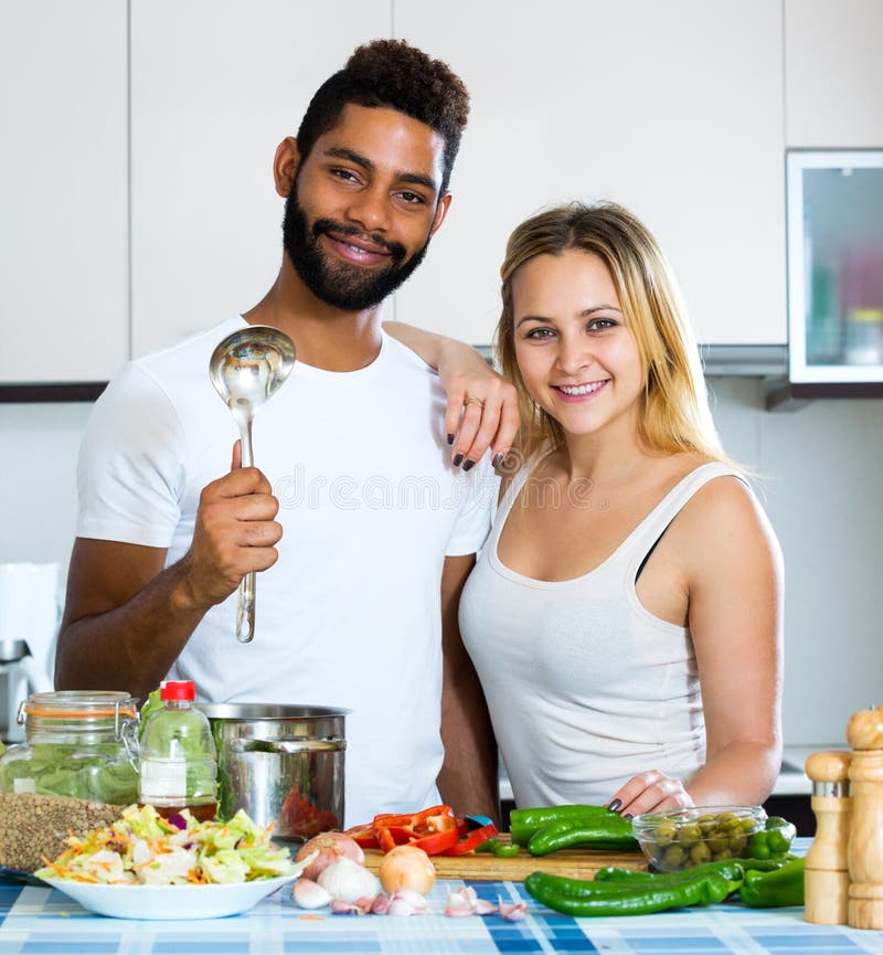 Husband Helping Wife Preparing Healthy Dinner Stock Photo - Image of ...