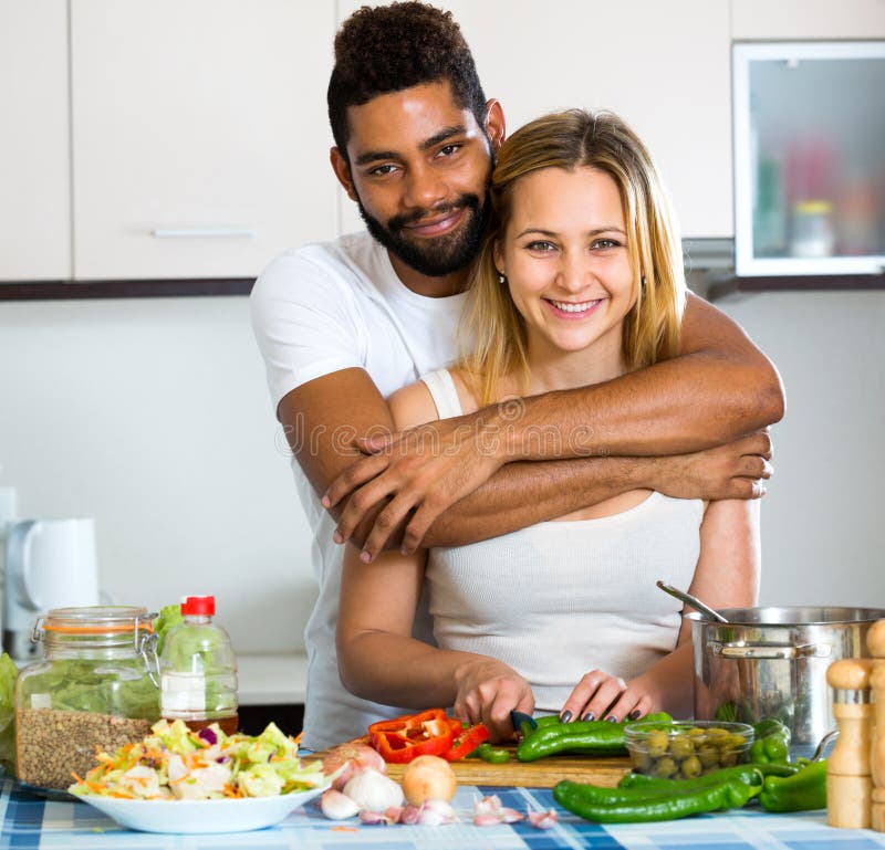 Husband Helping Wife Preparing Healthy Dinner Stock Image - Image of ...