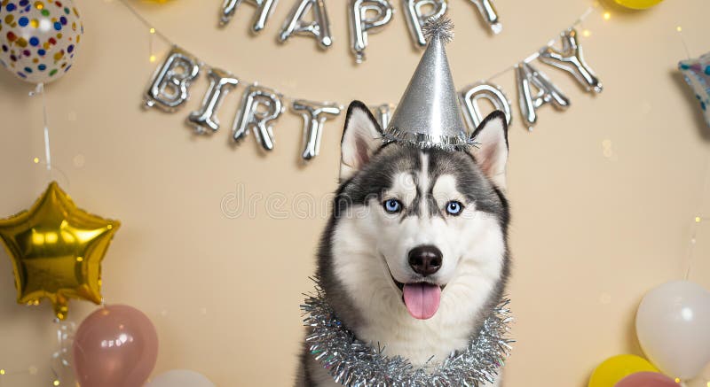 Husky Birthday Celebration with Balloons and Party Hat Image Stock ...