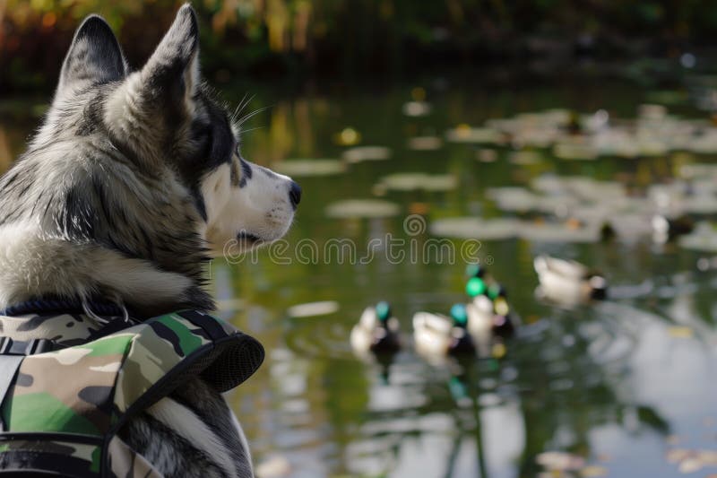 Husky in a Camo Lifejacket Watching Ducks on Pond Stock Photo - Image ...