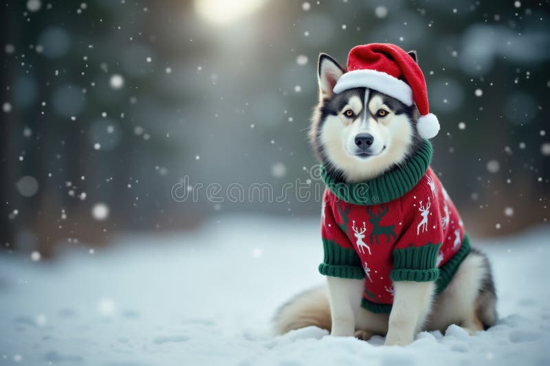Husky in Christmas Sweater and Santa Hat in Snowy Forest Setting. AI ...