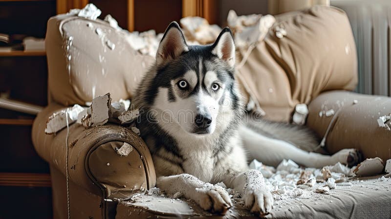 Husky Dog Chewed and Destroyed the Sofa and Sits on it, Harmful Dog at ...