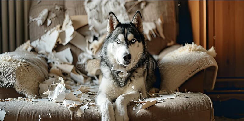 Husky Dog Chewed and Destroyed the Sofa and Sits on it, Harmful Dog at ...