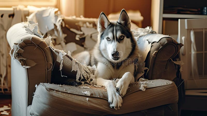 Husky Dog Chewed and Destroyed the Sofa and Sits on it, Harmful Dog at ...