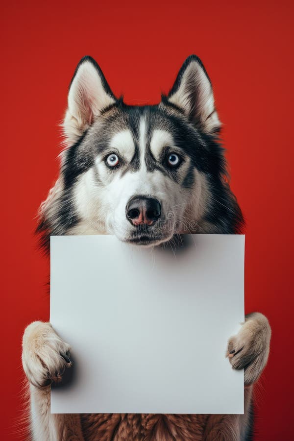 Cute Siberian Husky Dog Holding a Blank White Sign Against a Vivid Red ...