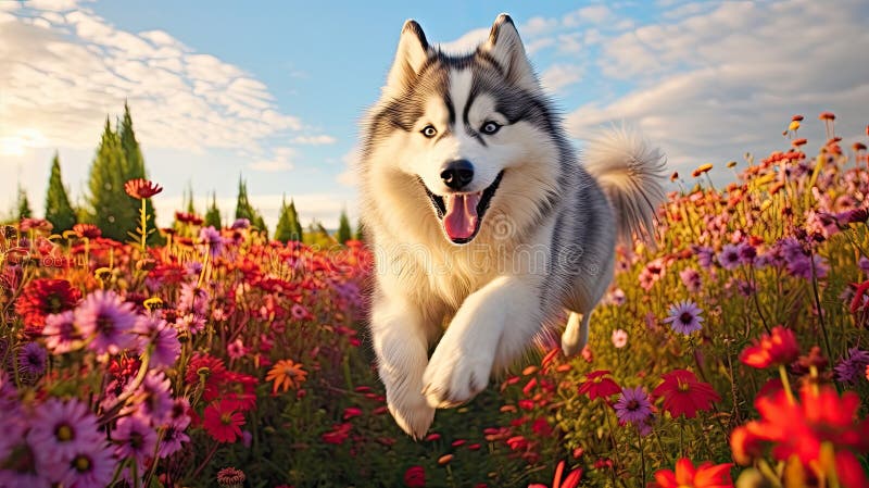 Husky Dog Jumping in the Flower Field Stock Illustration - Illustration ...