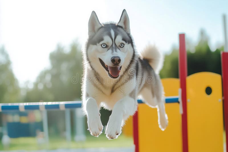 Husky Dog Jumping Over Obstacle in Agility Competition Stock ...