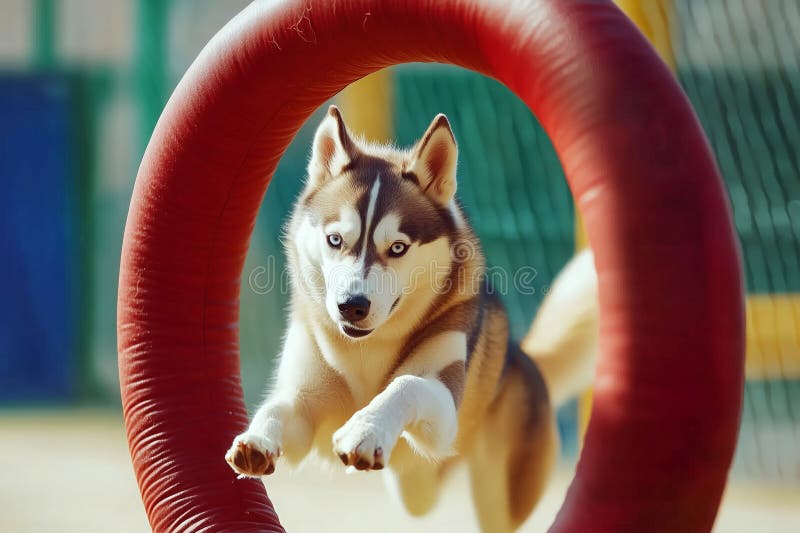 Husky Dog Jumping through a Ring on a Playground Stock Illustration ...