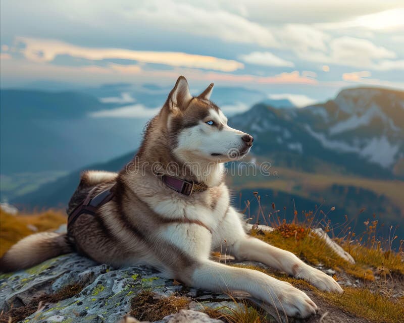 A Husky Dog Laying on Top of a Mountain Stock Image - Image of husky ...