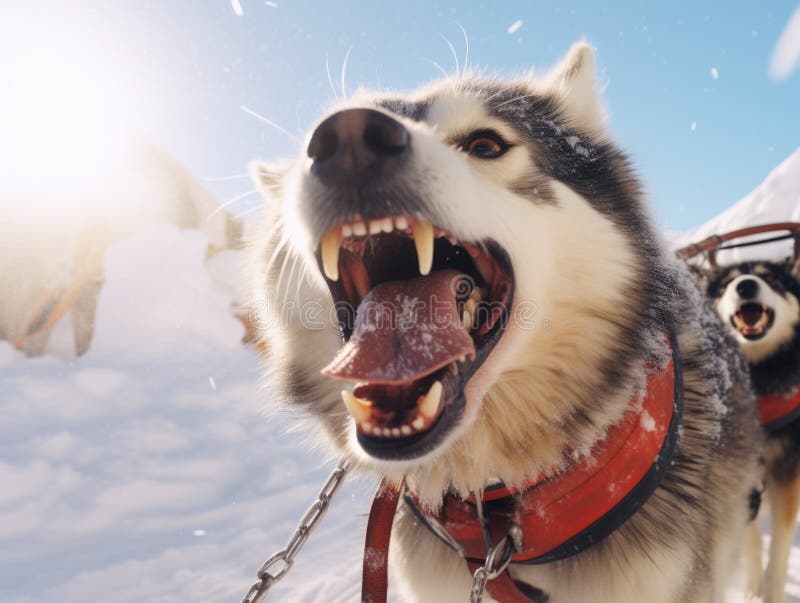 Husky Dog Pulling Sled stock photo. Image of teeth, adventure - 374441174
